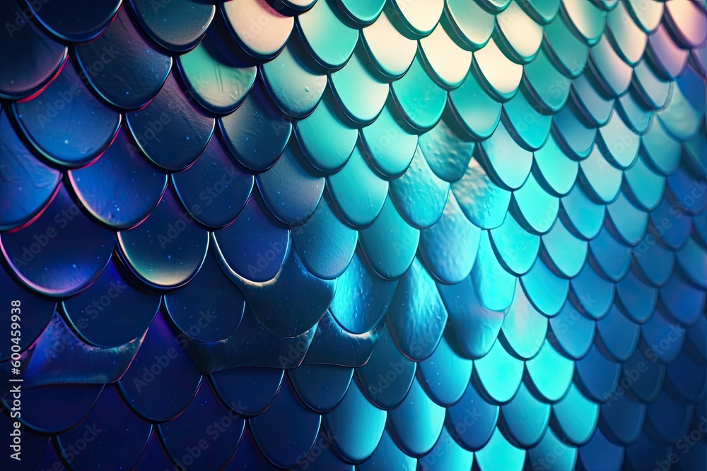 Smooth and iridescent wall with fish scale tiles and futuristic. Cyan ...