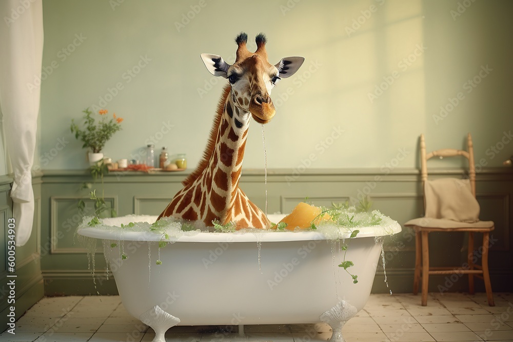 Giraffe taking a bath in a bathtub Stock Illustration | Adobe Stock