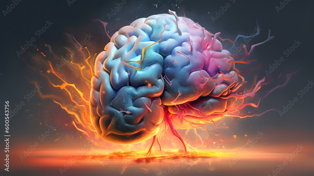 Concept art of a human brain exploding with knowledge, creativity and ...