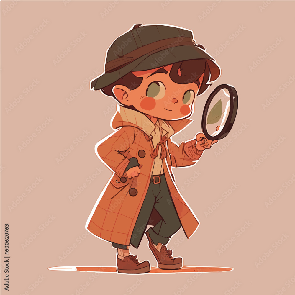 little Detective with a trench coat, magnifying glass, and a curious ...