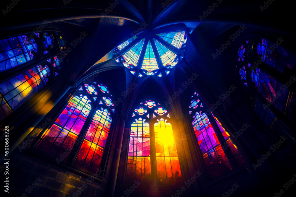 Large cathedral with stained glass windows and sky light coming through ...