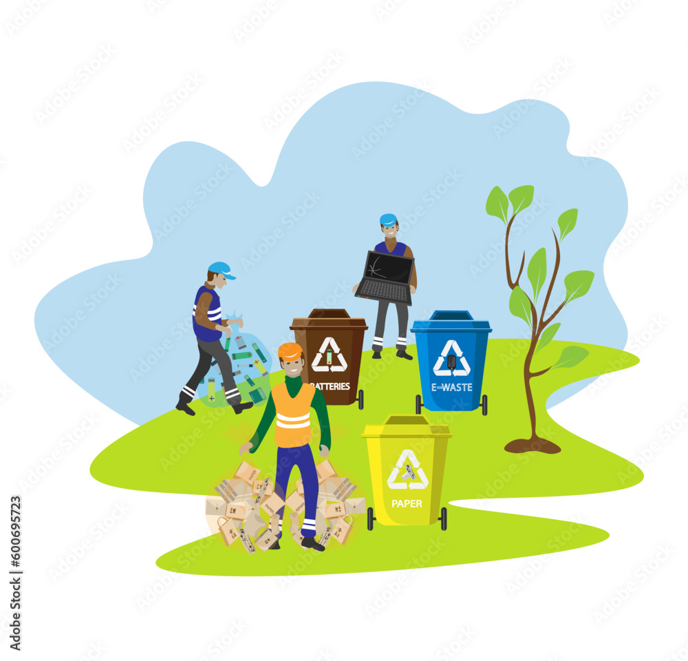 Waste segregation. People Sorting garbage by material and type in ...