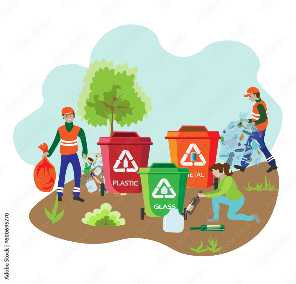 Waste segregation. Sorting garbage by material and type in colored trash cans. Separating and ...