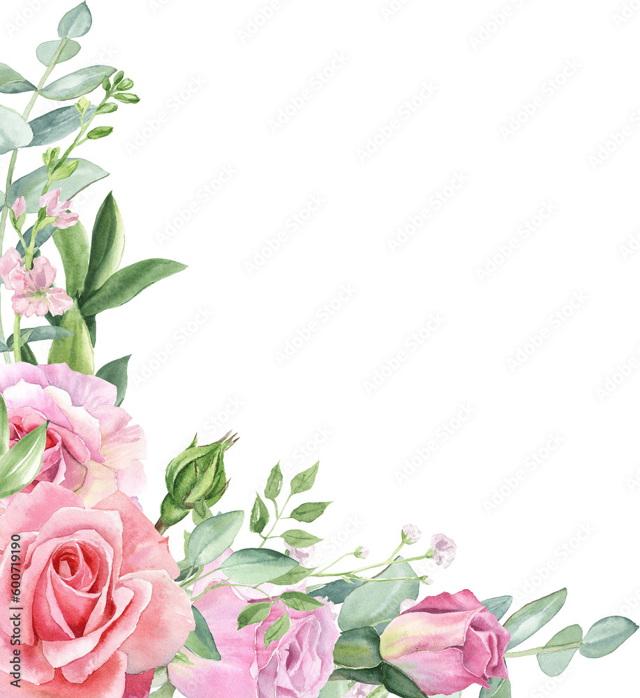 Watercolor flowers pink roses, Illustration hand painted. Floral corner ...