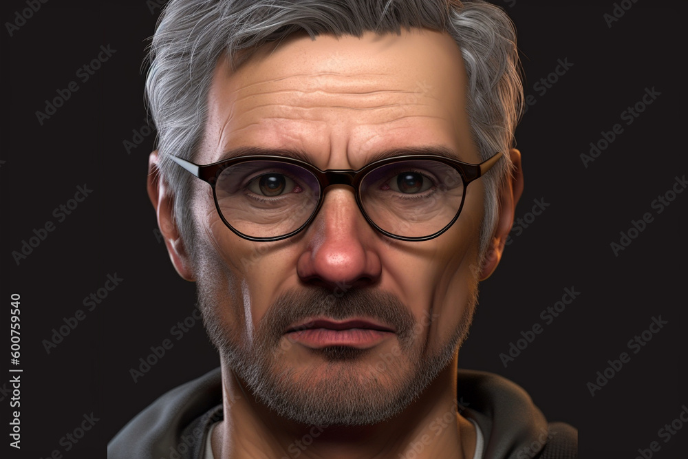 Head and shoulders portrait of a grey haired middle-aged man looking thoughtfully at the camera ...