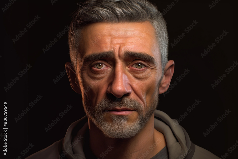 Head and shoulders portrait of a grey haired middle-aged man looking thoughtfully at the camera ...