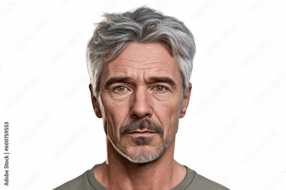 Head and shoulders portrait of a grey haired middle-aged man looking thoughtfully at the camera ...