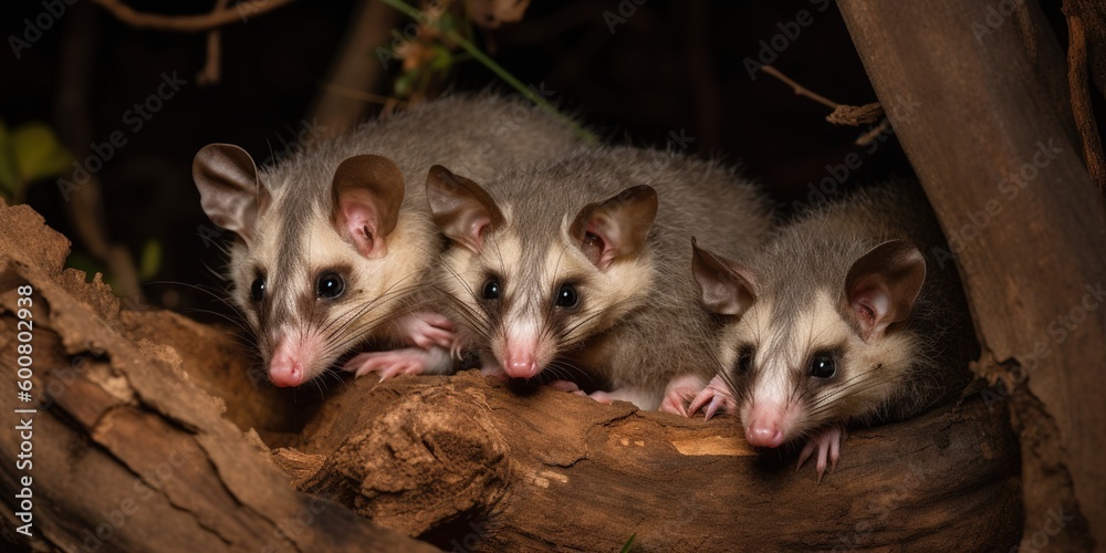 A family of opossums sleeping upside down in a tree hollow, concept of ...