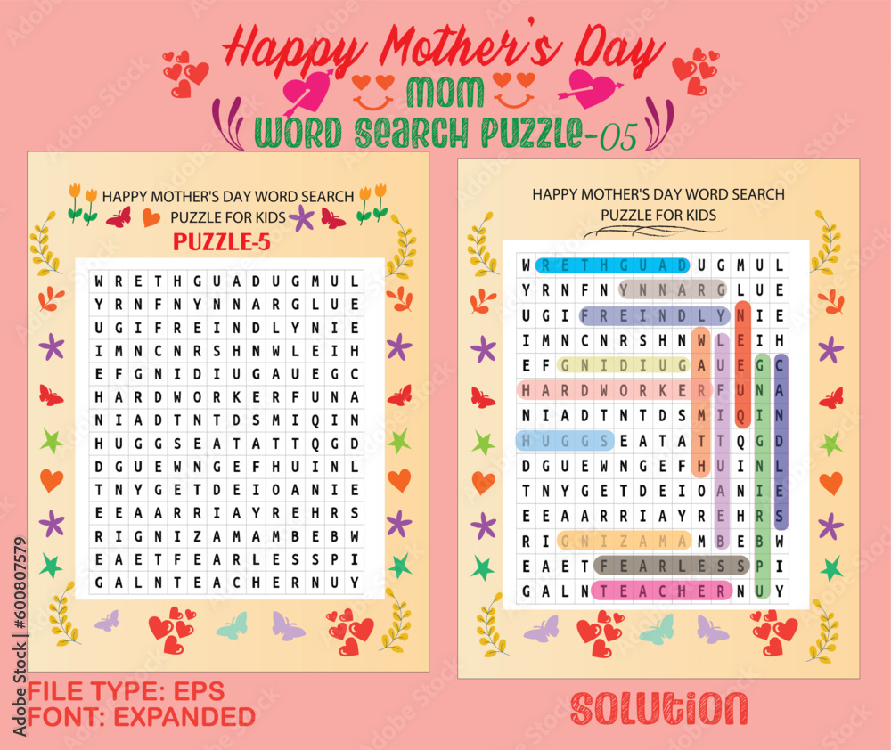 HAPPY MOTHER'S DAY WORD SEARCH PUZZLE FOR KIDS. Intellectual worksheet ...