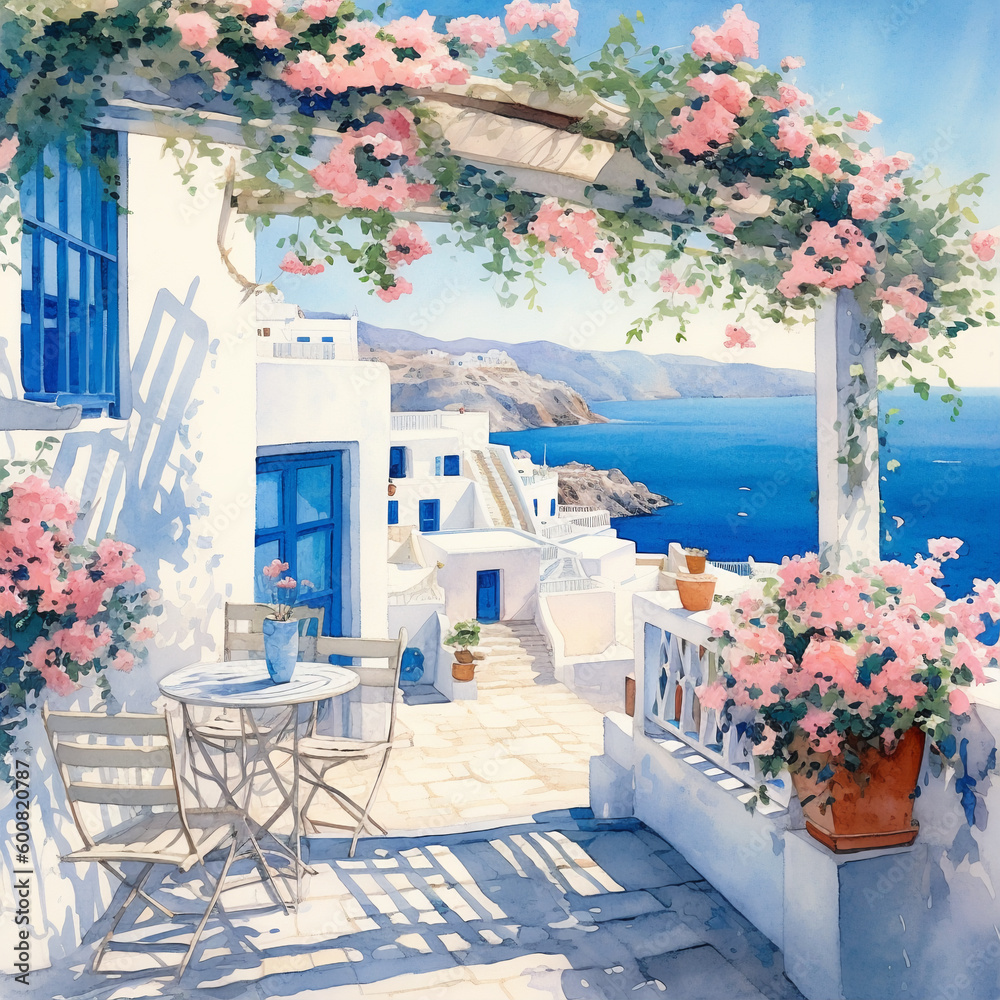 watercolor painting of beautiful house in Greece. hand drawn, painting ...