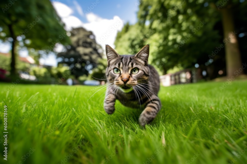 Full-length portrait photography of a happy manx cat sprinting against ...
