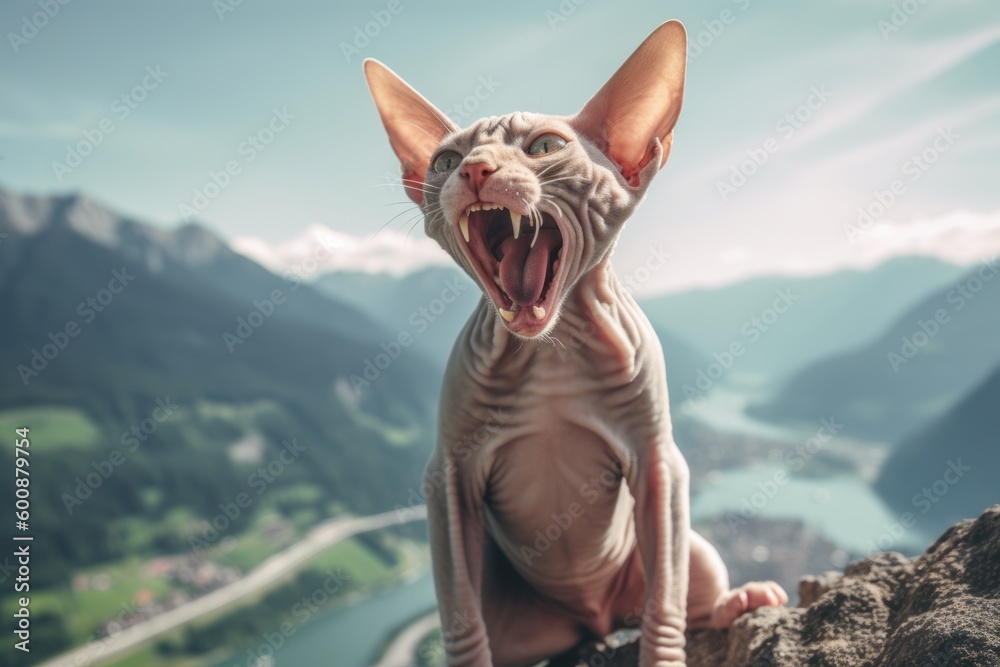 Environmental portrait photography of a smiling sphynx cat meowing ...