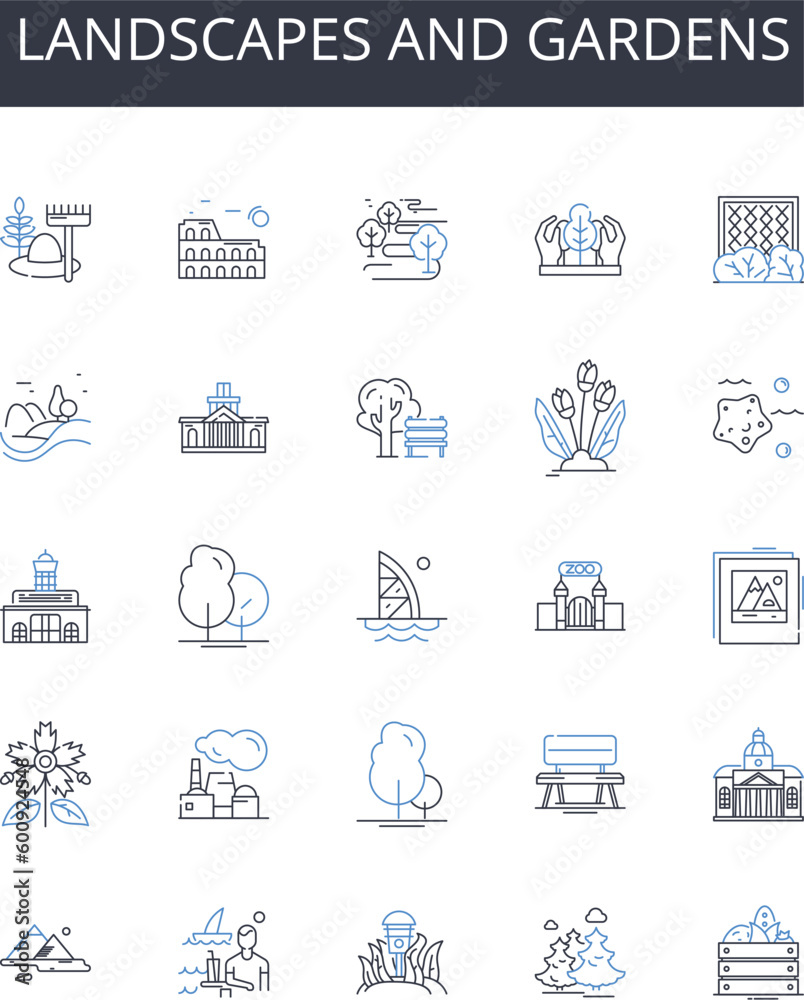 Landscapes and gardens line icons collection. Techniques, Methods ...