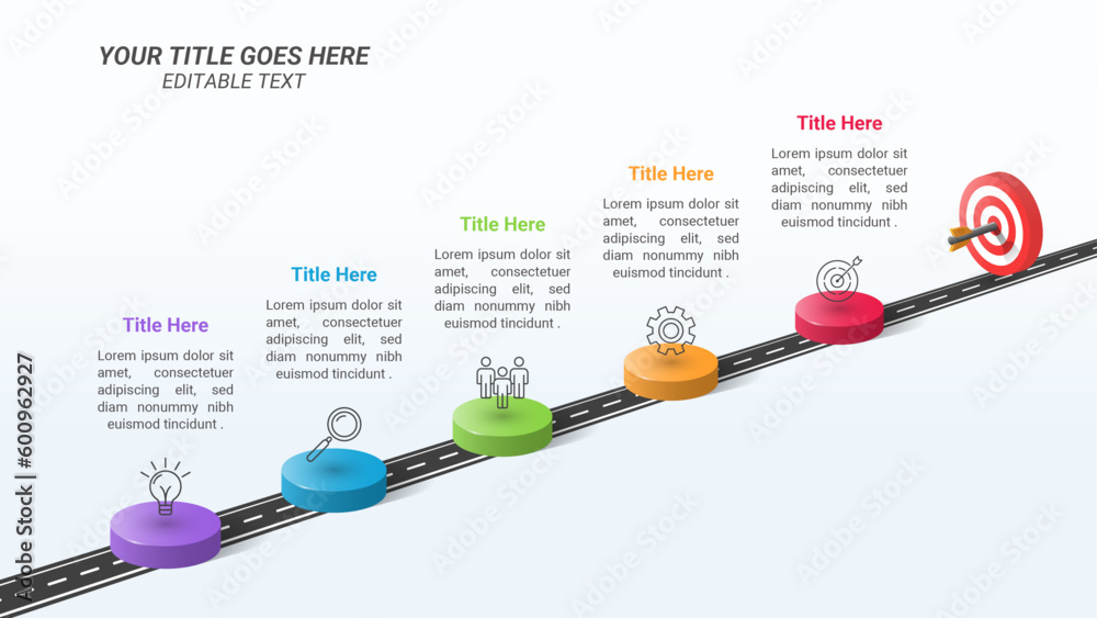Road Timeline Infographics with 5 Steps and Target Board on a 16:9 ...