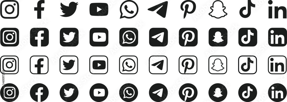 Social media icons black and white logo set. Instagram, facebook, twitter, tiktok, youtube, and ...