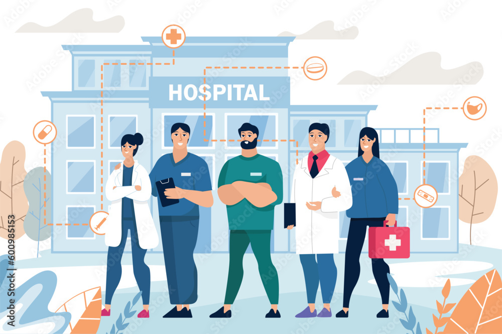Hospital buildings medicine concept with people scene in the flat ...