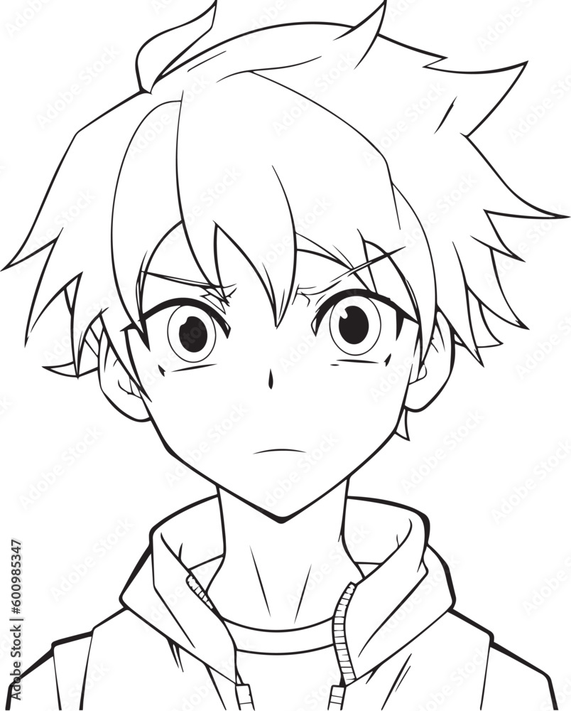 Anime boy head in cartoon style, anime boy, coloring page, vector ...
