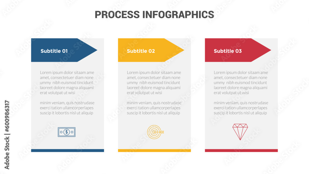 business process stage infographics template diagram banner with arrow box table and 3 point ...