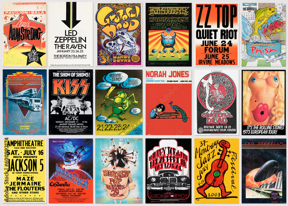 Collection of original vintage music concert posters Stock Photo ...