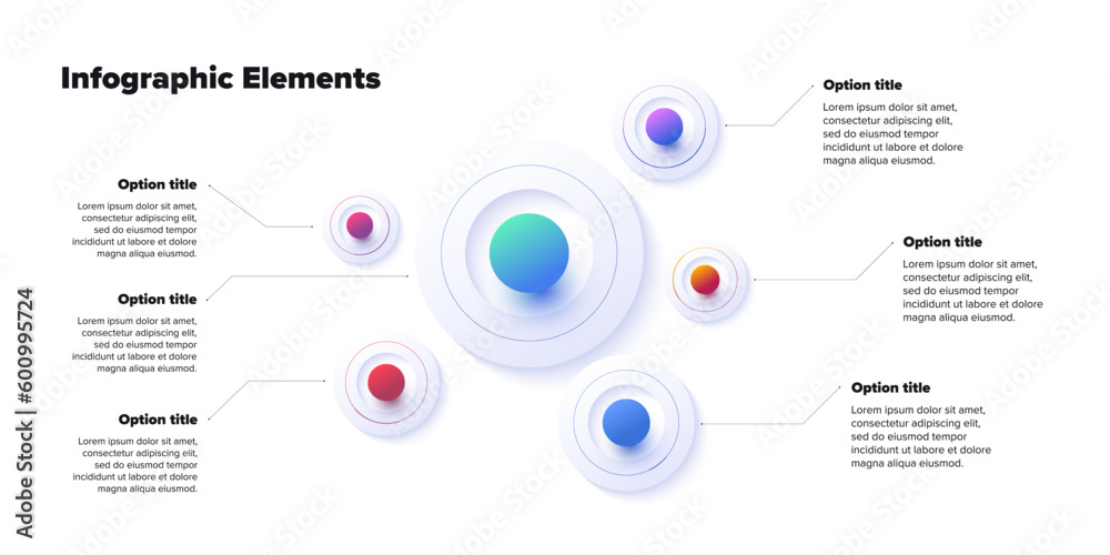 Business process chart infographics with 6 step spheres. Round workflow ...