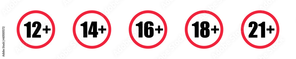 Red circle with numbers - 12+, 14+, 16+, 18+, 21+. Restricted age ...