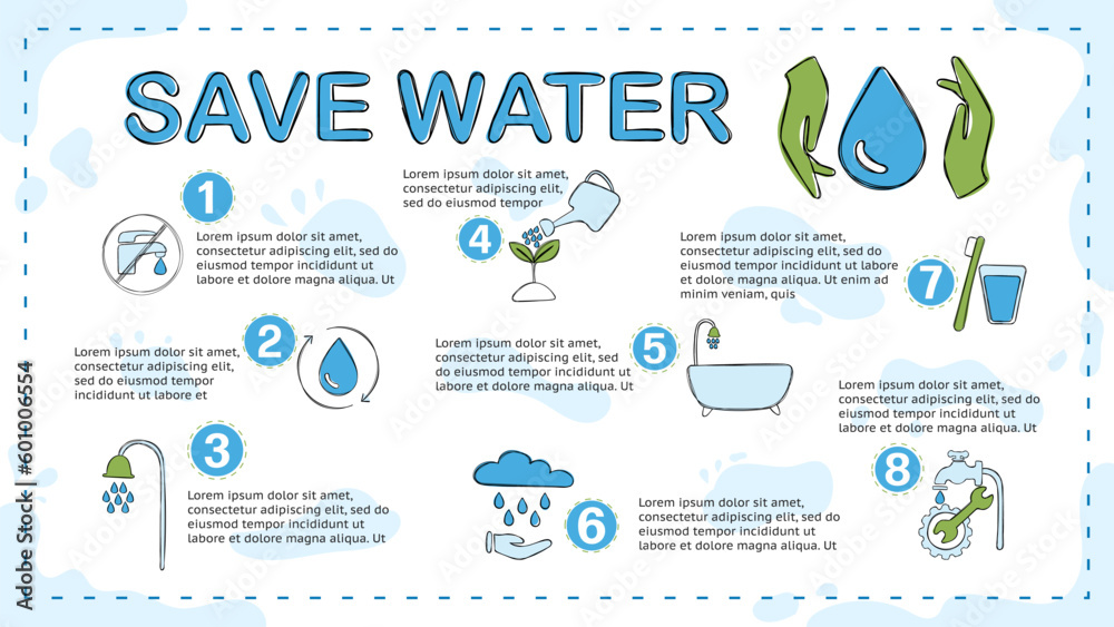 concept of water saving tips icon infographic. Save water, save earth ...