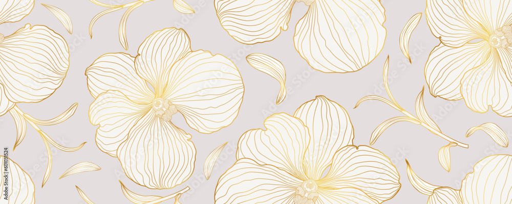 Luxury orchid seamless pattern background. Golden orchid floral line ...