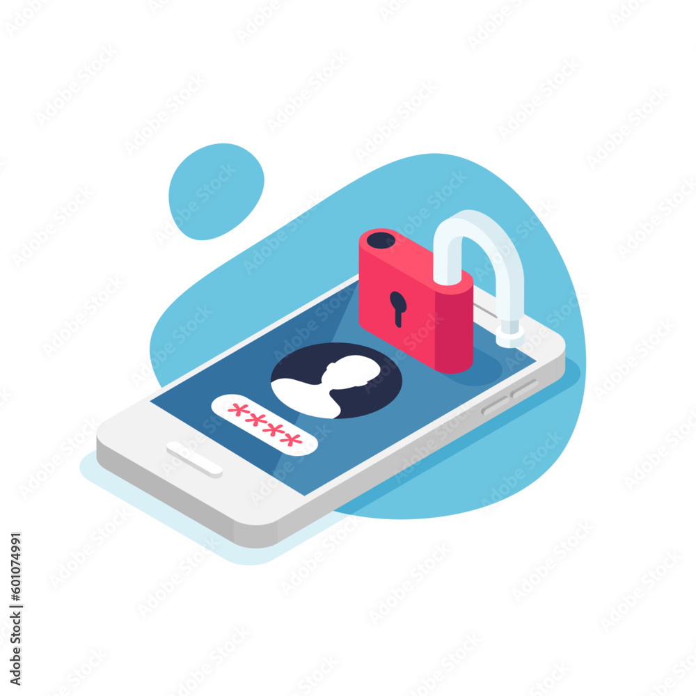Vetor Password phone protected. 3d mobile phone unlocked. Smartphone security alert. 2 factor ...