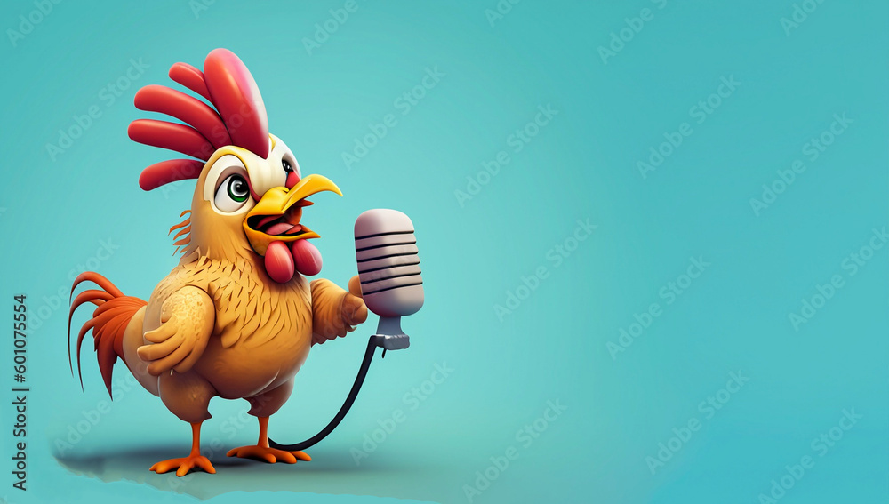 cute cartoon rooster singing with microphone character, copy space ...