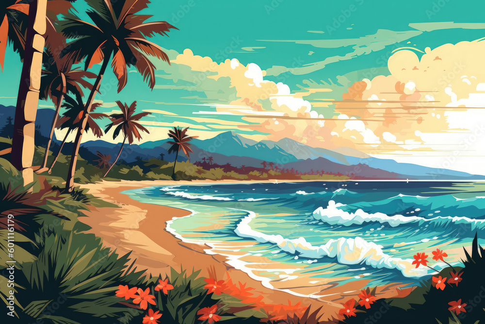 Drawing tropical beach summer background. Graphic illustration design ...