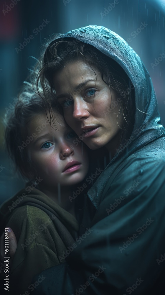 A poor mom hugging her son in the street under the rainy sky, homeless ...