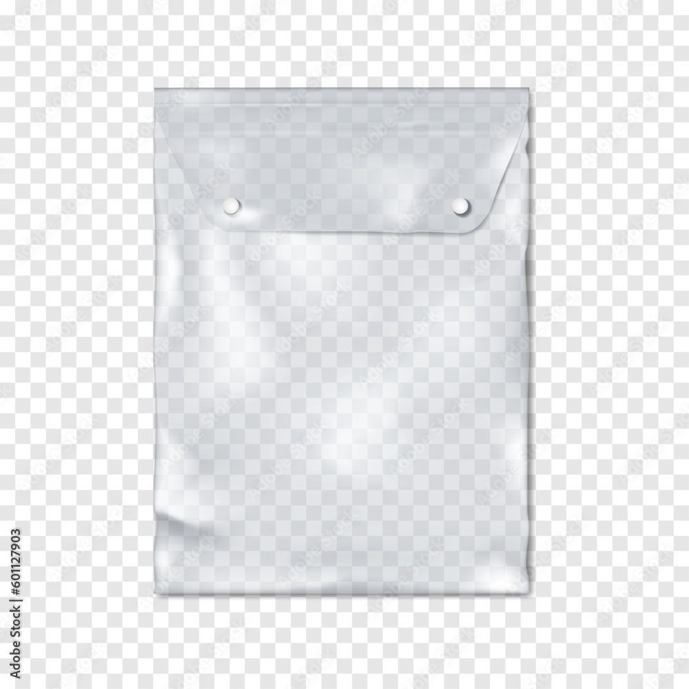 Clear PVC bag with plastic snap button fastener on transparent ...