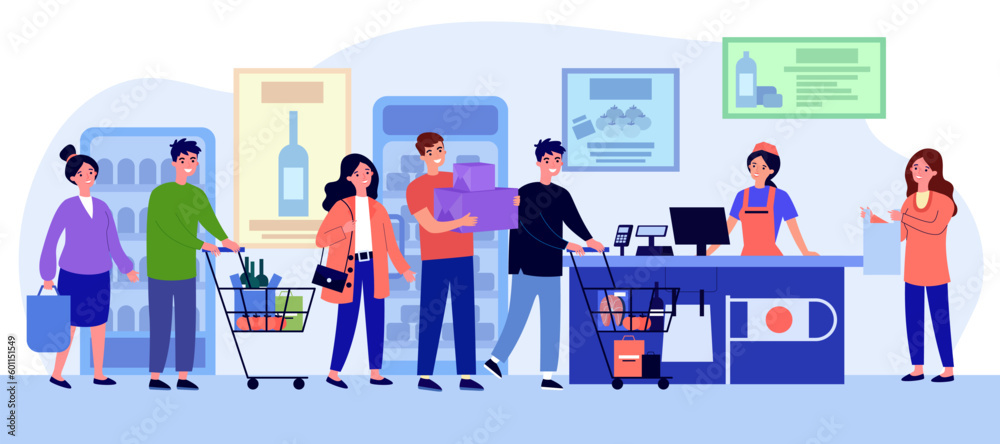 Queue of buyers at checkout in supermarket vector illustration. Cartoon ...