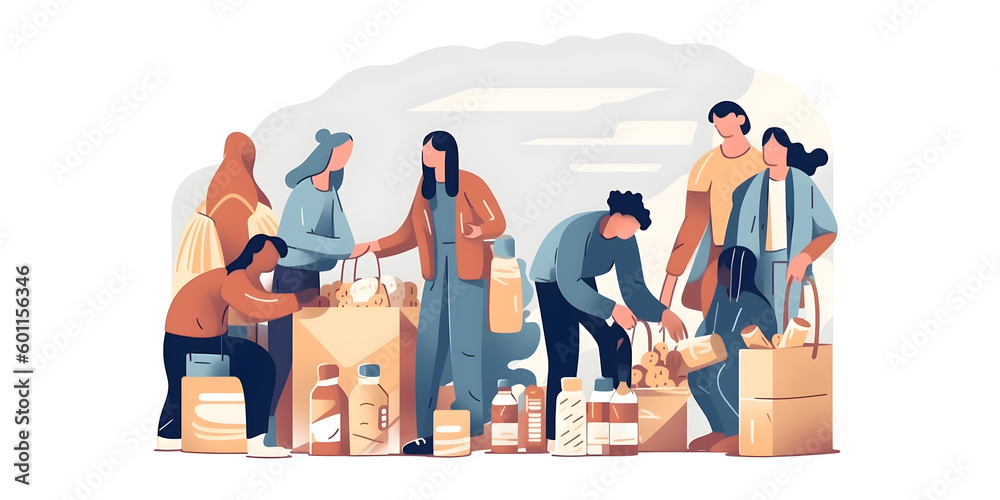 Volunteering at food bank and give groceries to poor tiny person ...