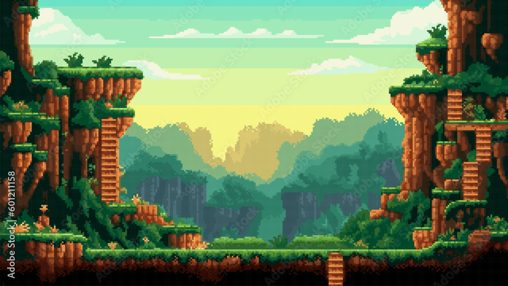 pixel art game level background, 8 bit, landscape, arcade video game, mountains trees and ...