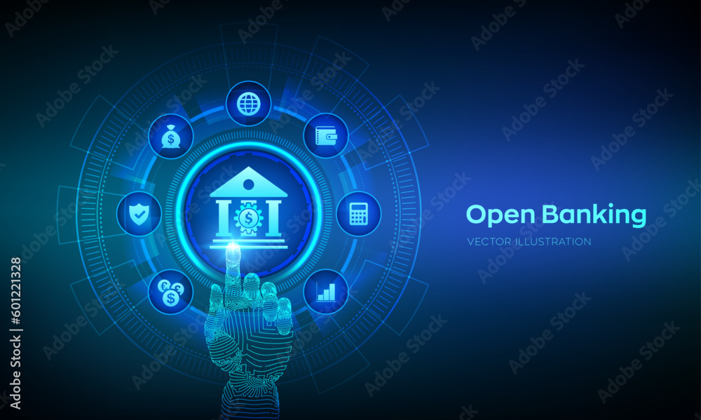 Open banking. Banking service. API financial technology. Fintech concept on virtual screen ...