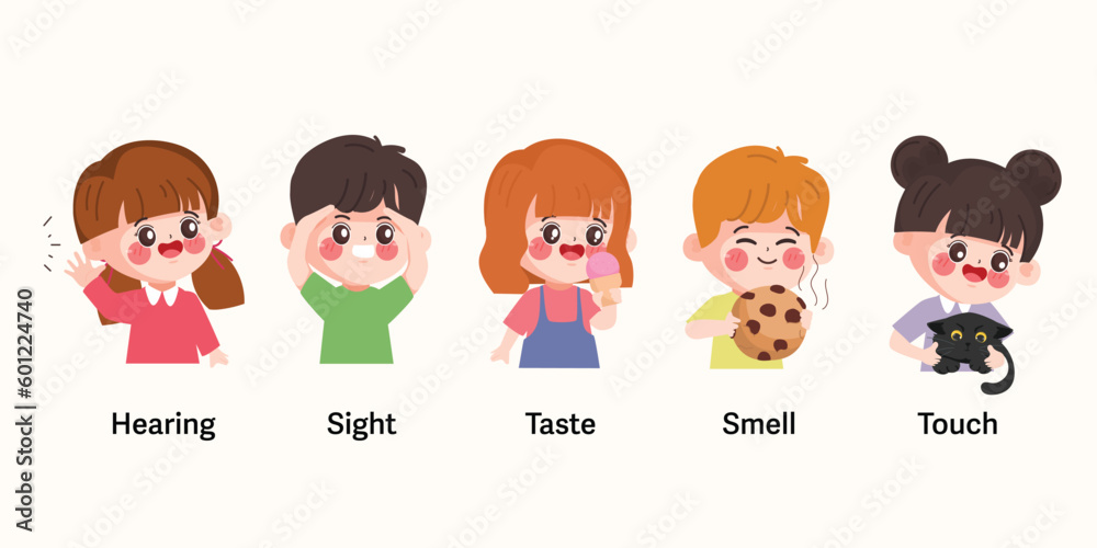 cute little children boys and girls showing five senses organs ...