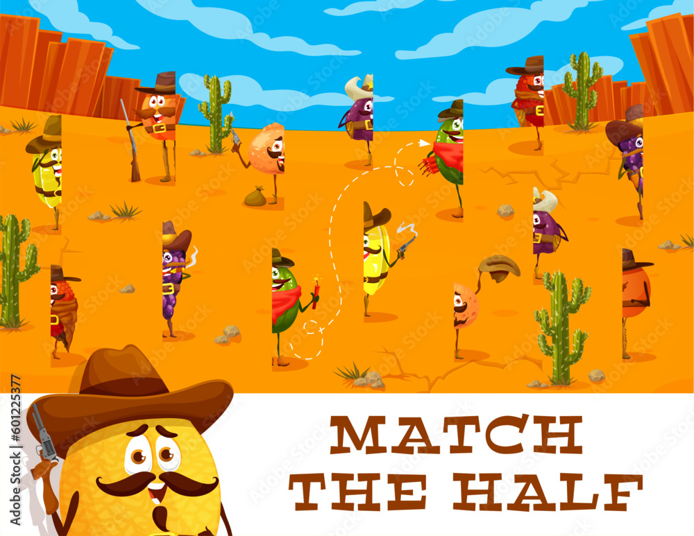 Wild West cowboy, bandit and ranger fruit characters, match the half ...