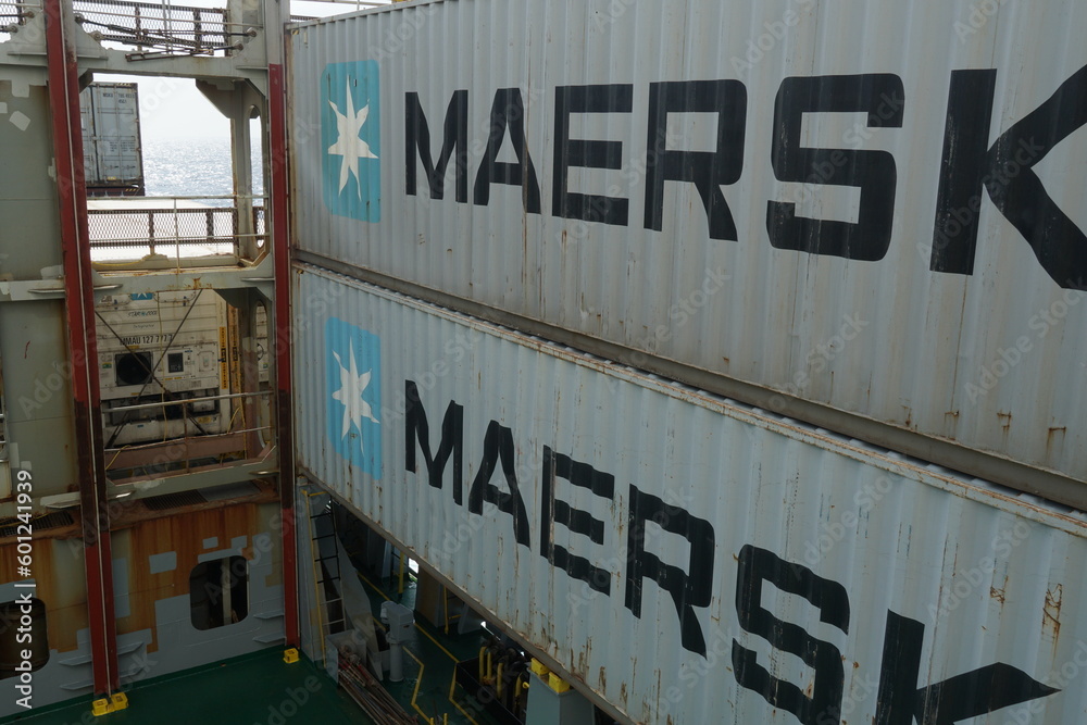 Cartagena, Colombia, 04 29 2023: Grey container of Maersk company with ...