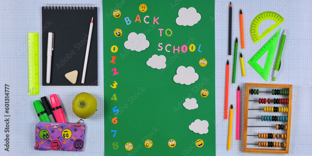 'Back to school' , school education concept with school supplies, green ...