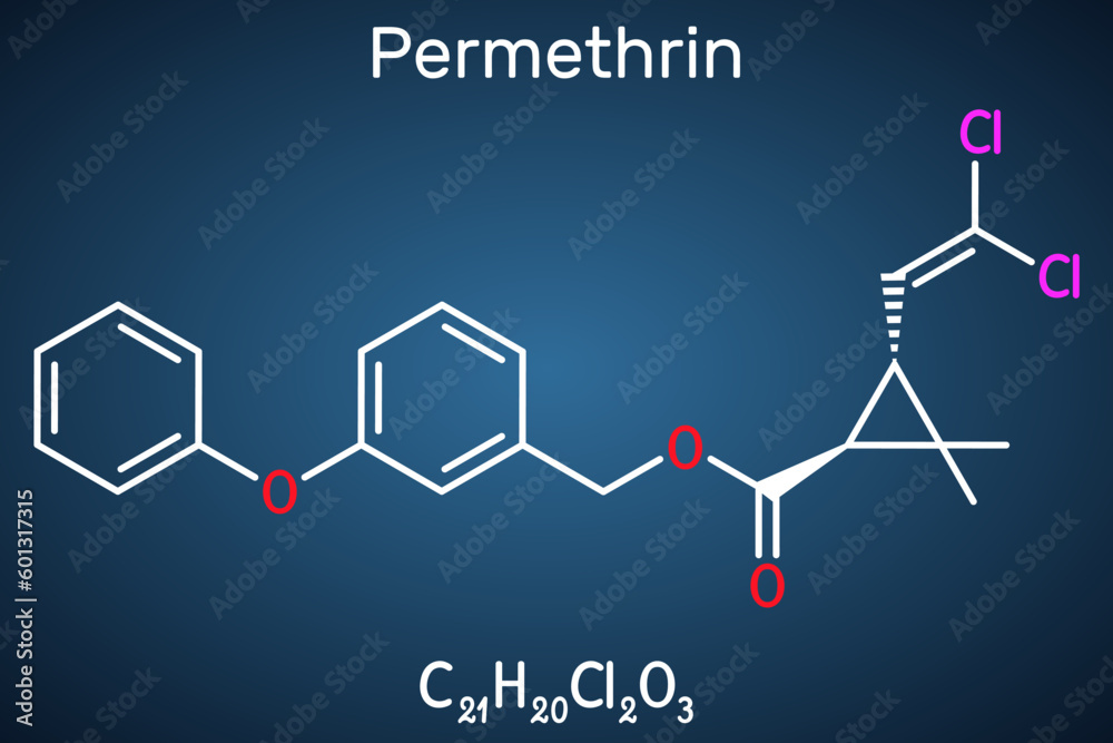 Permethrin molecule. It is insecticide and medication, used in ...