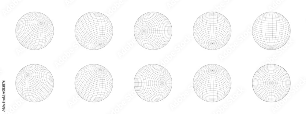 Set of 3D sphere wireframe icons in different positions. Orb models ...