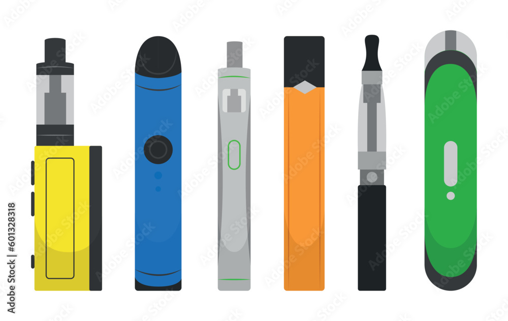 Set of colorful electronic cigarettes, vape in cartoon style. Vector ...