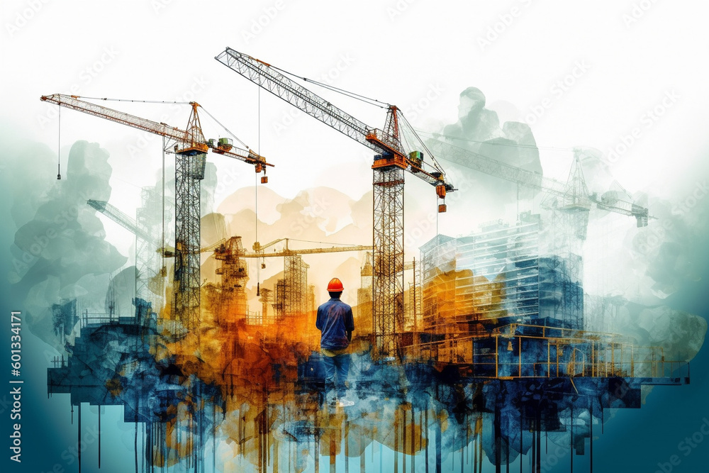 Construction site with workers and cranes, created using a double ...
