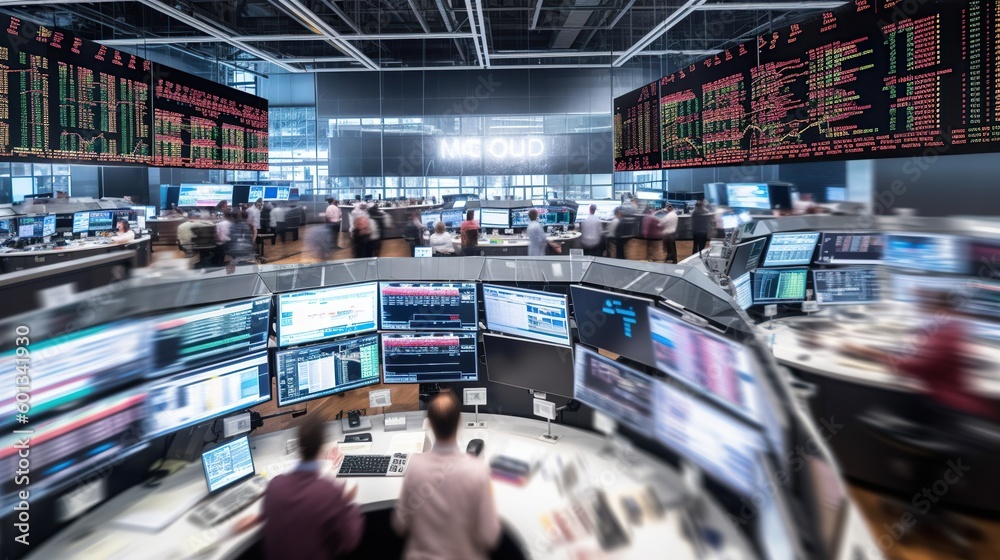 Illustration of trading floor, stock market exchange indoor backgrounds ...