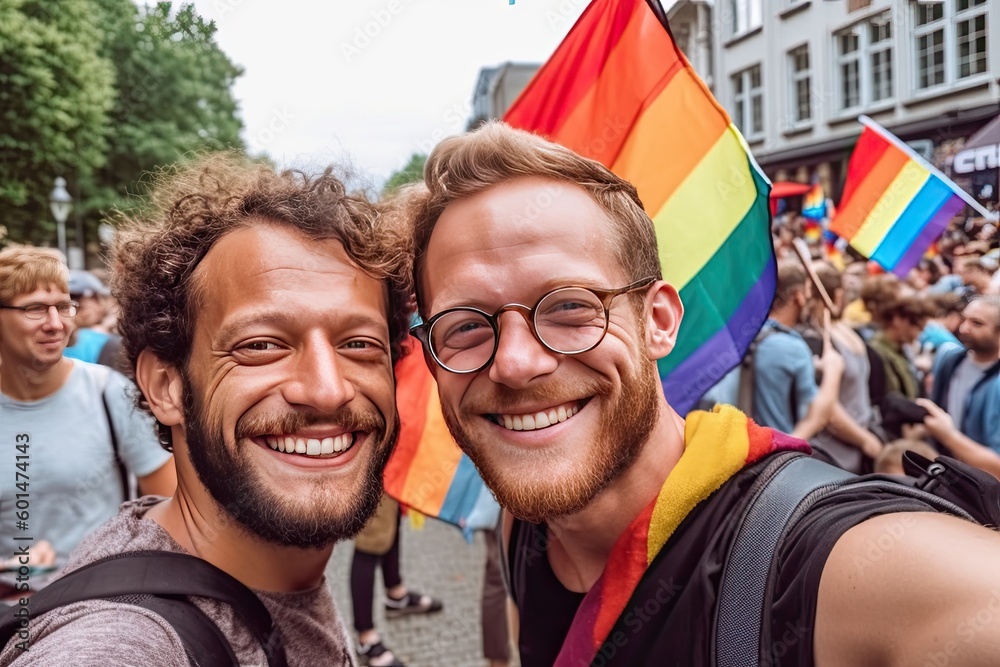 Portrait photograph of Two happy gays with lgbt flags on gay parade ...