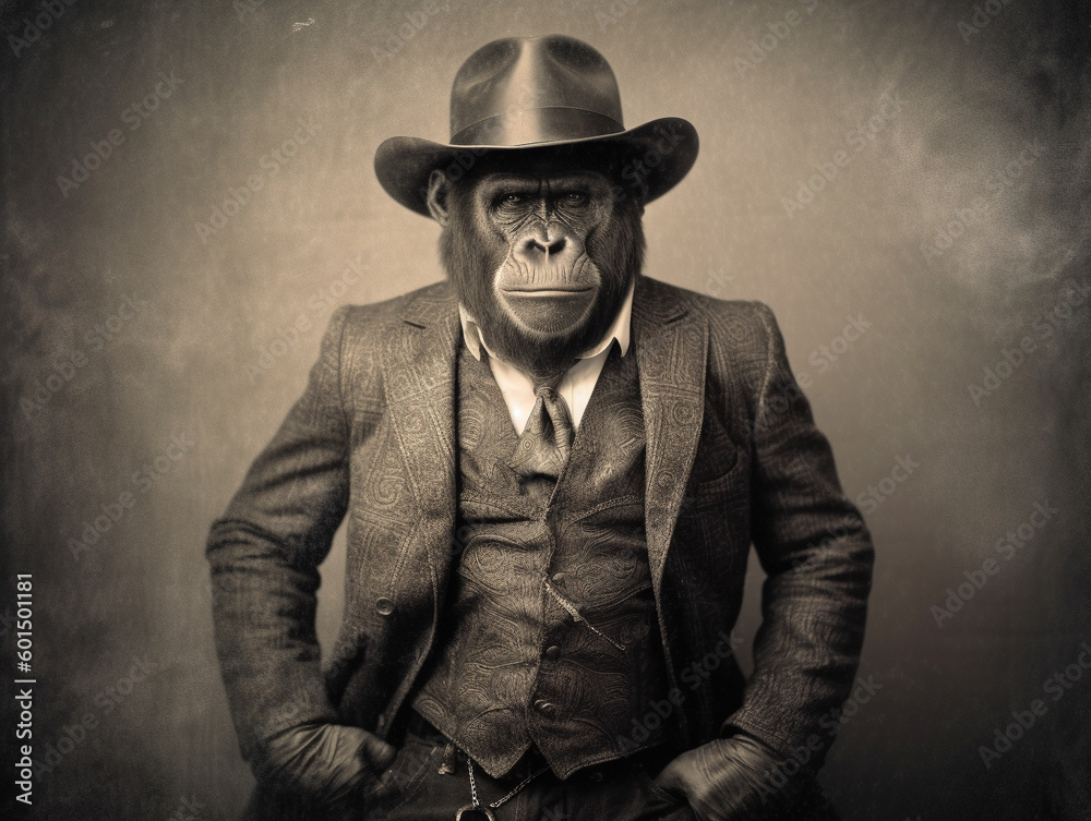 An Antique Photo of a Gorilla Dressed Up as a Cowboy | Generative AI ...