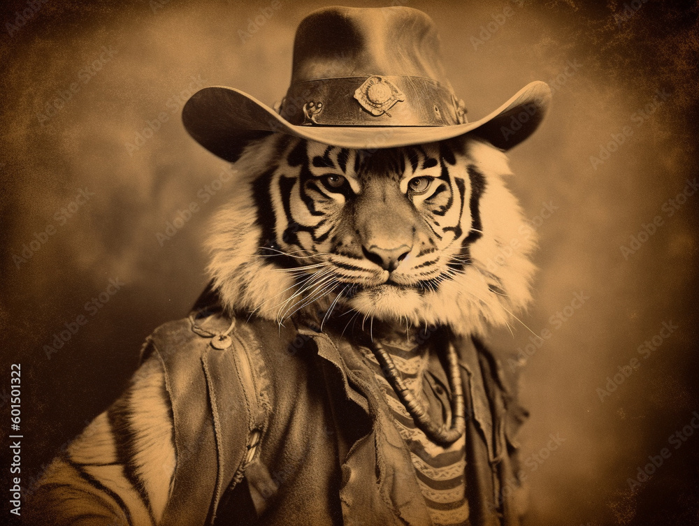 An Antique Photo of a Tiger Dressed Up as a Cowboy | Generative AI ...