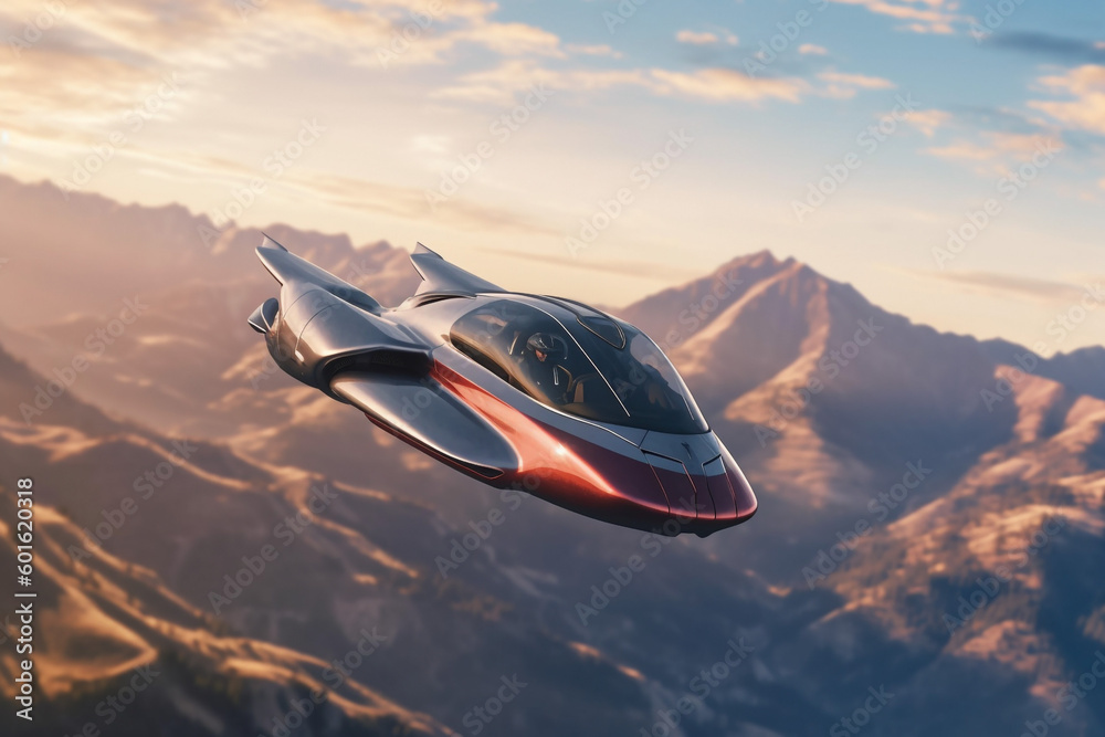Sports flying car hovering over landscape. Vertical landing flying taxi ...