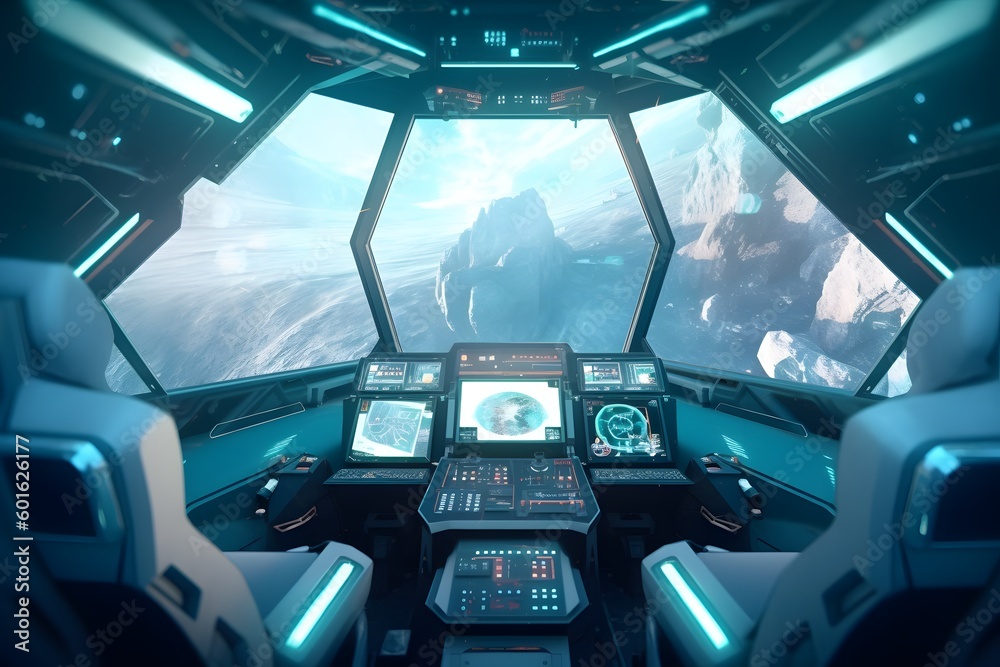 Ilustración de Stock fantasy futuristic space-craft cabin with control ...